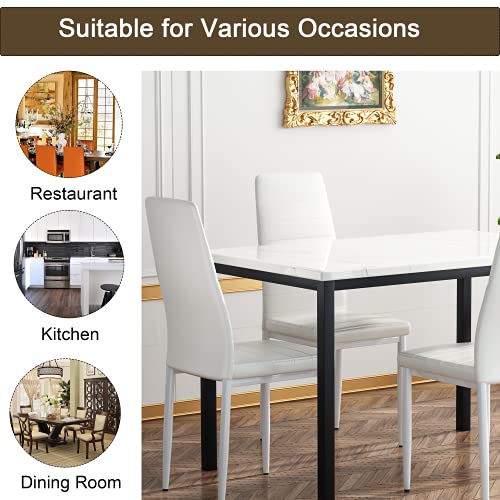 Lamerge Kitchen Tables Set for 4, Dining Faux Marble Top Table and 4 PU Leather Chairs, 5 Pieces Dining Room Table Set for Small Space, Breakfast Nook and Apartment,White+Beige,Dining Table024