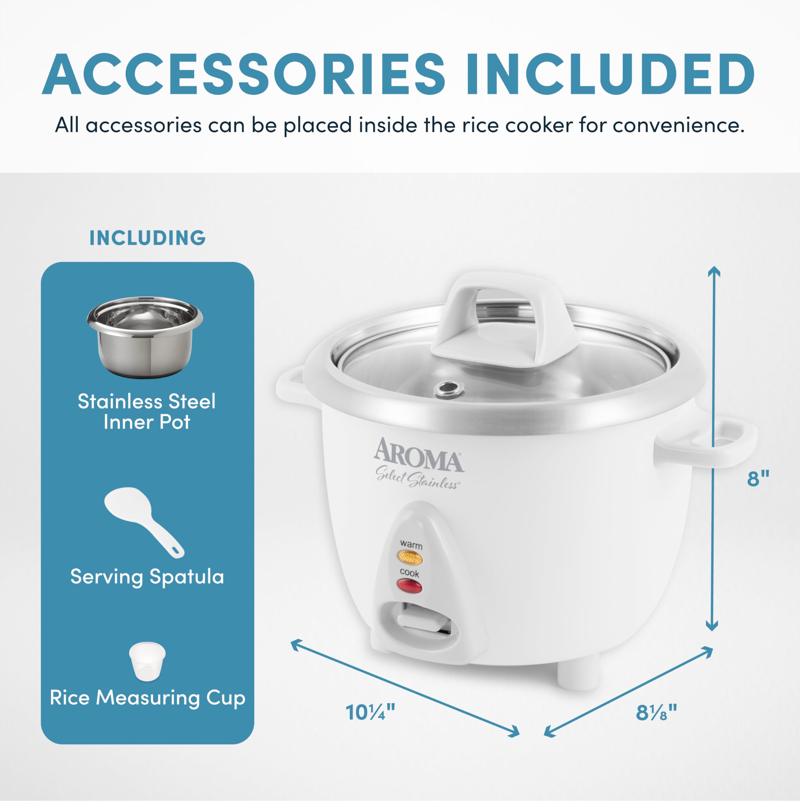 Aroma Housewares Select Stainless Rice Cooker & Warmer with Uncoated Inner Pot, 6-Cup(cooked) / 1.4Qt, ARC-753SG, White