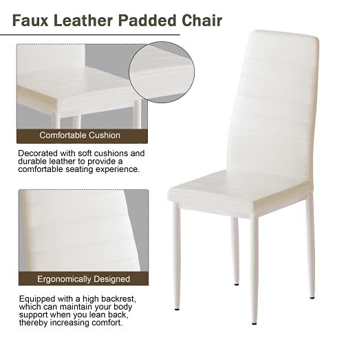 Lamerge Kitchen Tables Set for 4, Dining Faux Marble Top Table and 4 PU Leather Chairs, 5 Pieces Dining Room Table Set for Small Space, Breakfast Nook and Apartment,White+Beige,Dining Table024