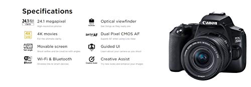 Canon EOS 250D / Rebel SL3 DSLR Camera with 18-55mm Lens (Black), Creative Filter Set, EOS Camera Bag, Sandisk Ultra 64GB Card, 6AVE Electronics Cleaning Set, and More (Renewed)