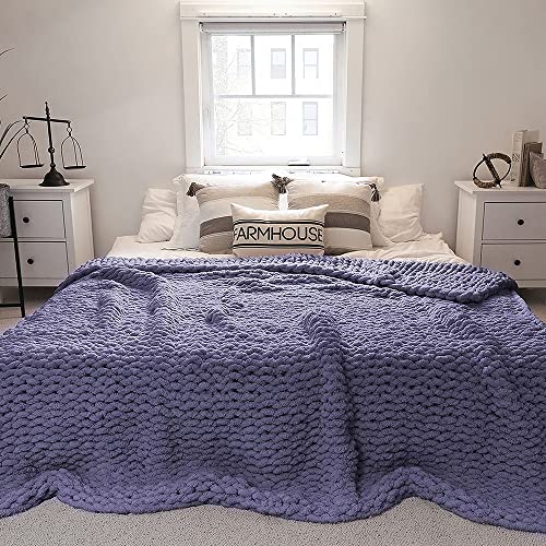 Queenshin Luxury Chenille Chunky Knitted Throw,Christmas 1000 GMS Large Cable Knit Soft Fluffy Blanket for Sofa Couch Bed 50 * 60 inch, Grey