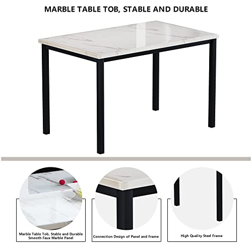Lamerge Kitchen Tables Set for 4, Dining Faux Marble Top Table and 4 PU Leather Chairs, 5 Pieces Dining Room Table Set for Small Space, Breakfast Nook and Apartment,White+Beige,Dining Table024