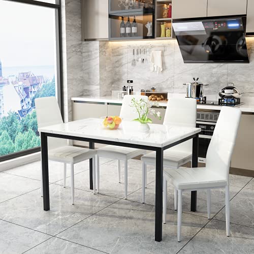Lamerge Kitchen Tables Set for 4, Dining Faux Marble Top Table and 4 PU Leather Chairs, 5 Pieces Dining Room Table Set for Small Space, Breakfast Nook and Apartment,White+Beige,Dining Table024