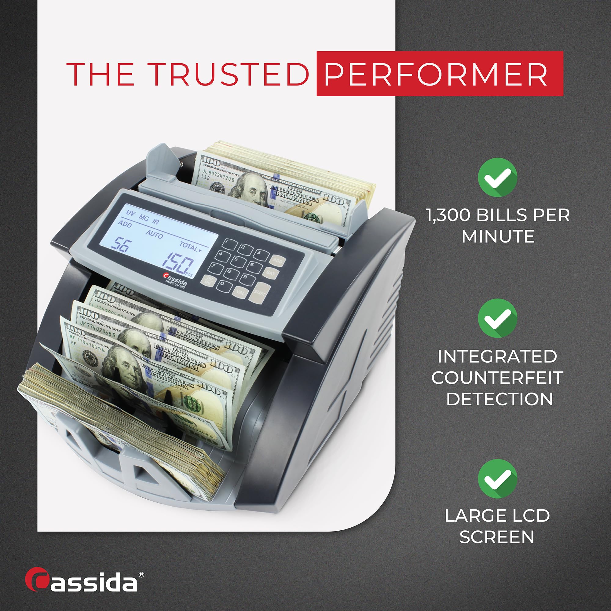 Cassida 5520 UV/MG - USA Money Counter with ValuCount, UV/MG/IR Counterfeit Detection, Add and Batch Modes - Large LCD Display & Fast Counting Speed 1,300 Notes/Minute