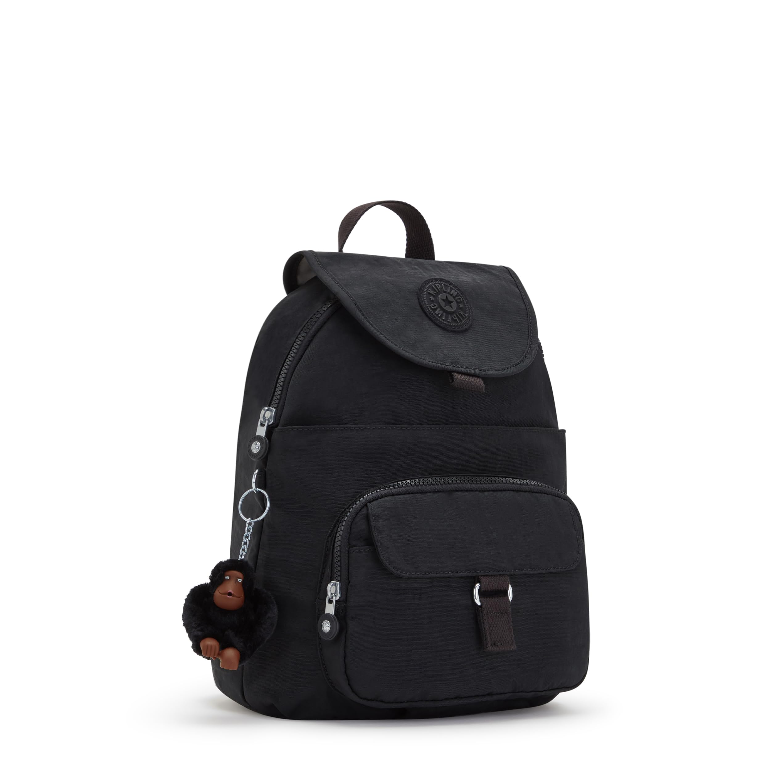 Kipling Girls' Women's Queenie, Adjustable Backpack Straps, Monkey Keychain, Key Clasp, Top Carry Handle, Black Tonal, 10" L x 13.25" H x 6.25" D