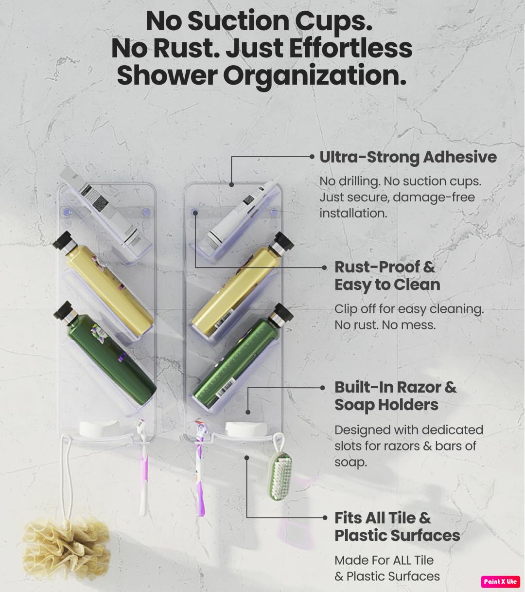 ShowerGem Shower Caddy- As seen on Tv, Easy-Clean & Removable, Made for Textured or Smooth Tiles & PVC, The Shower Caddy Which Does Not Fall