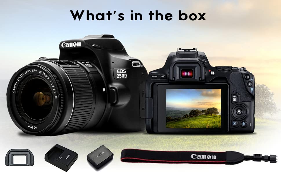 Canon EOS 250D / Rebel SL3 DSLR Camera with 18-55mm Lens (Black), Creative Filter Set, EOS Camera Bag, Sandisk Ultra 64GB Card, 6AVE Electronics Cleaning Set, and More (Renewed)