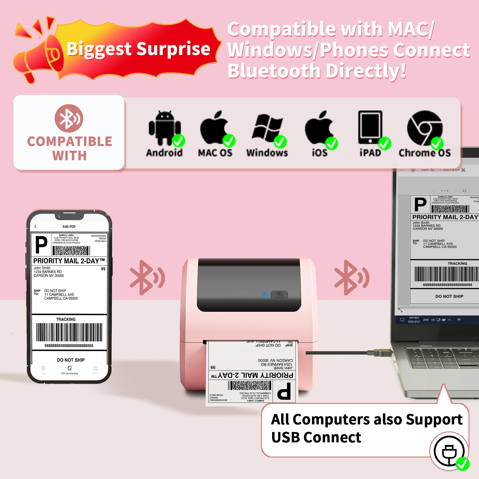 Bluetooth Thermal Shipping Label Printer 4X6 - Wireless Pink Thermal Label Printer for Shipping Packages & Small Business - Thermal Shipping Label Printer, Compatible with Phone, USPS, Shopify, Ebay