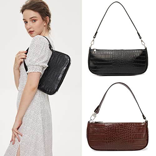 Small Shoulder Bags for Women Retro Classic Tote Purse Handbag Crocodile Pattern Clutch, Coffee