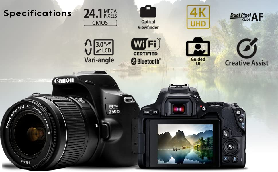 Canon EOS 250D / Rebel SL3 DSLR Camera with 18-55mm Lens (Black), Creative Filter Set, EOS Camera Bag, Sandisk Ultra 64GB Card, 6AVE Electronics Cleaning Set, and More (Renewed)