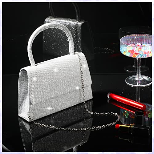 Silver Evening Bag Glitter Party Clutches Handle Women's Evening Handbags Small Bride Wedding Purses for Women Crossbody Cocktail Prom Handbags