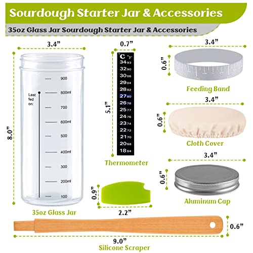 WAVEWISE 1000ML Sourdough Starter Jar Wide Mouth with Thermometer Strip, Scraper, Cloth Cover, Aluminum Lid and Date Marked Feeding Band, 35 Oz Sourdough Starter Jar Kit for Sourdough Bread Baking