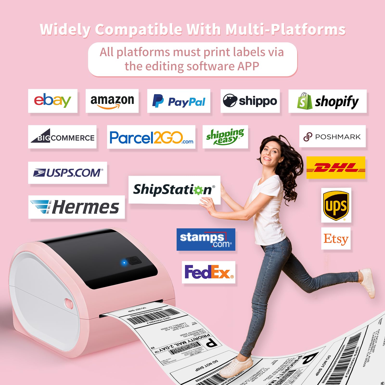 Bluetooth Thermal Shipping Label Printer 4X6 - Wireless Pink Thermal Label Printer for Shipping Packages & Small Business - Thermal Shipping Label Printer, Compatible with Phone, USPS, Shopify, Ebay
