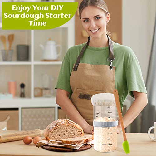 WAVEWISE 1000ML Sourdough Starter Jar Wide Mouth with Thermometer Strip, Scraper, Cloth Cover, Aluminum Lid and Date Marked Feeding Band, 35 Oz Sourdough Starter Jar Kit for Sourdough Bread Baking
