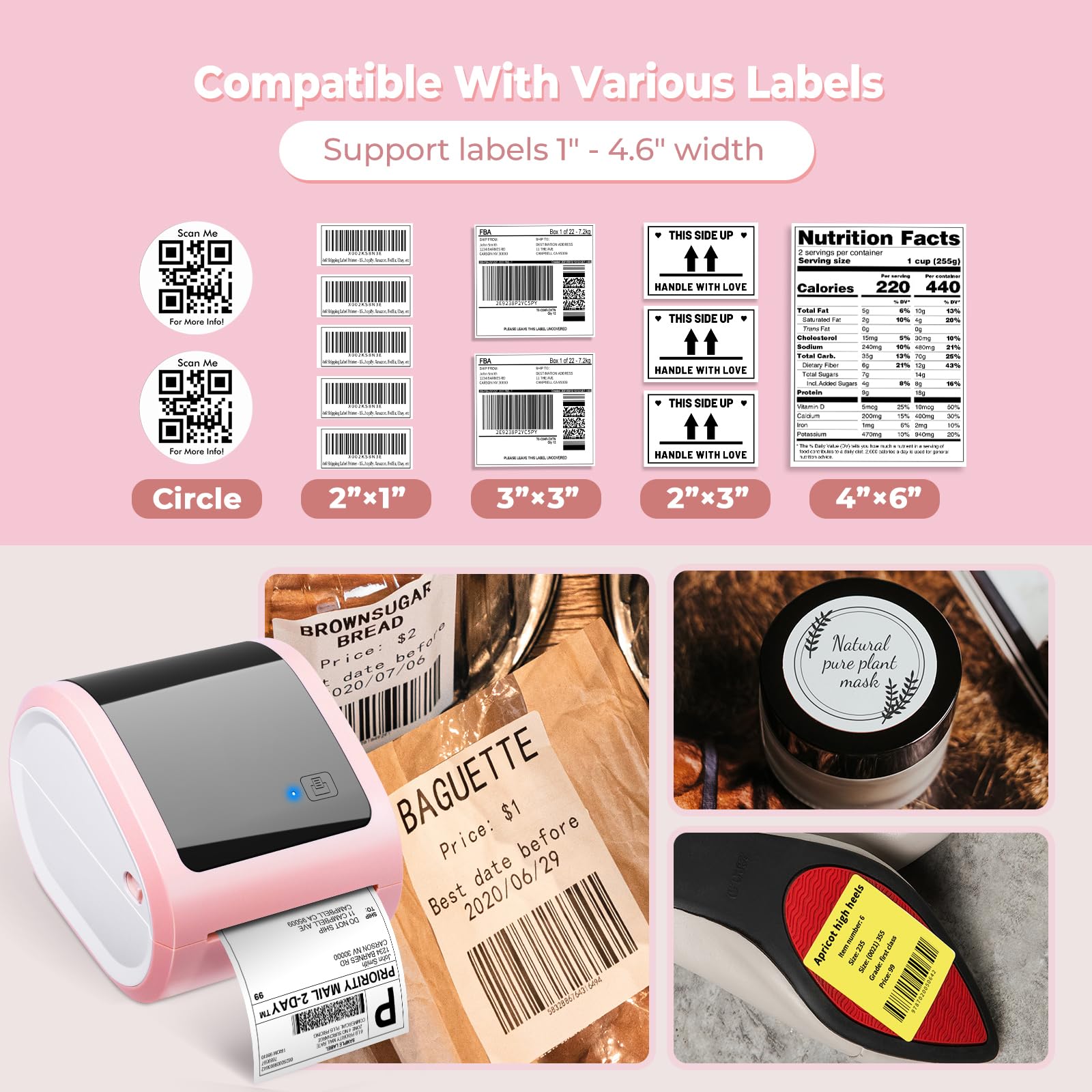 Bluetooth Thermal Shipping Label Printer 4X6 - Wireless Pink Thermal Label Printer for Shipping Packages & Small Business - Thermal Shipping Label Printer, Compatible with Phone, USPS, Shopify, Ebay