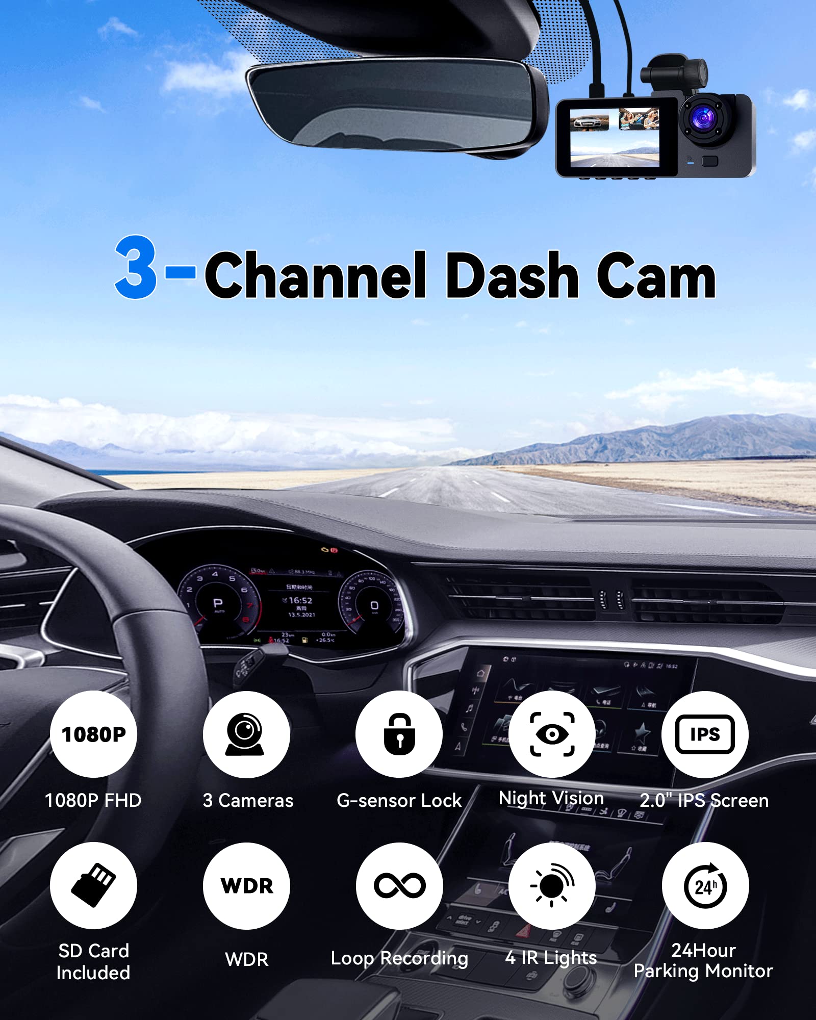 Dash Cam Front and Rear Inside, 3 Channel Dash Camera 1080P Full HD with 32GB SD Card, Car Camera with 2.0ββ IPS Screen, Night Vision, WDR, G-Sensor, Loop Recording, Parking Mode, Motion Detection