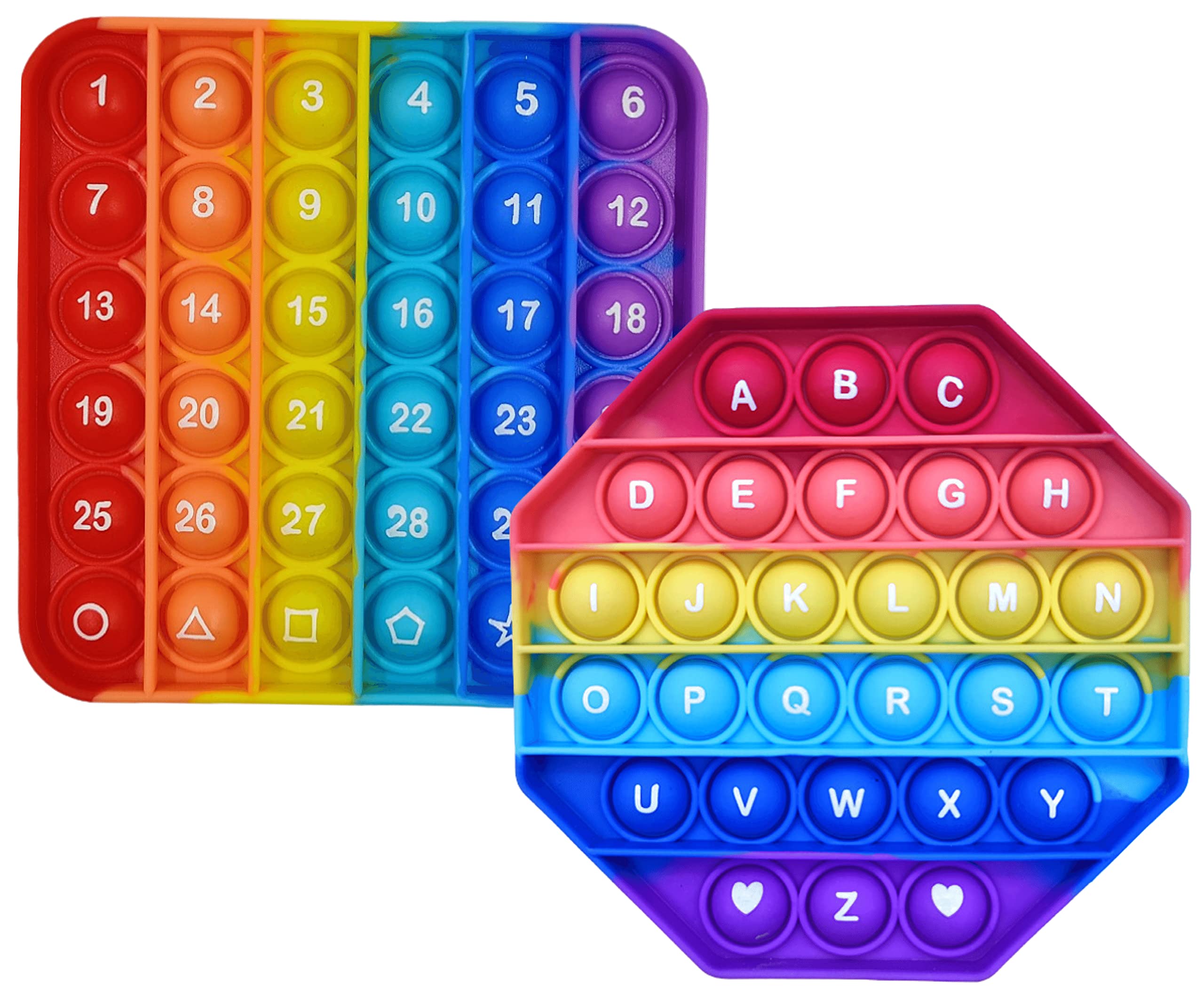 Sensory Pop Toy | Learn Alphabets Letters, Numbers, Colors, Shapes | Great for Special Needs Learning | Fun Colorful Design | Non-Toxic Washable Hygienic Silicone | 2 Pack
