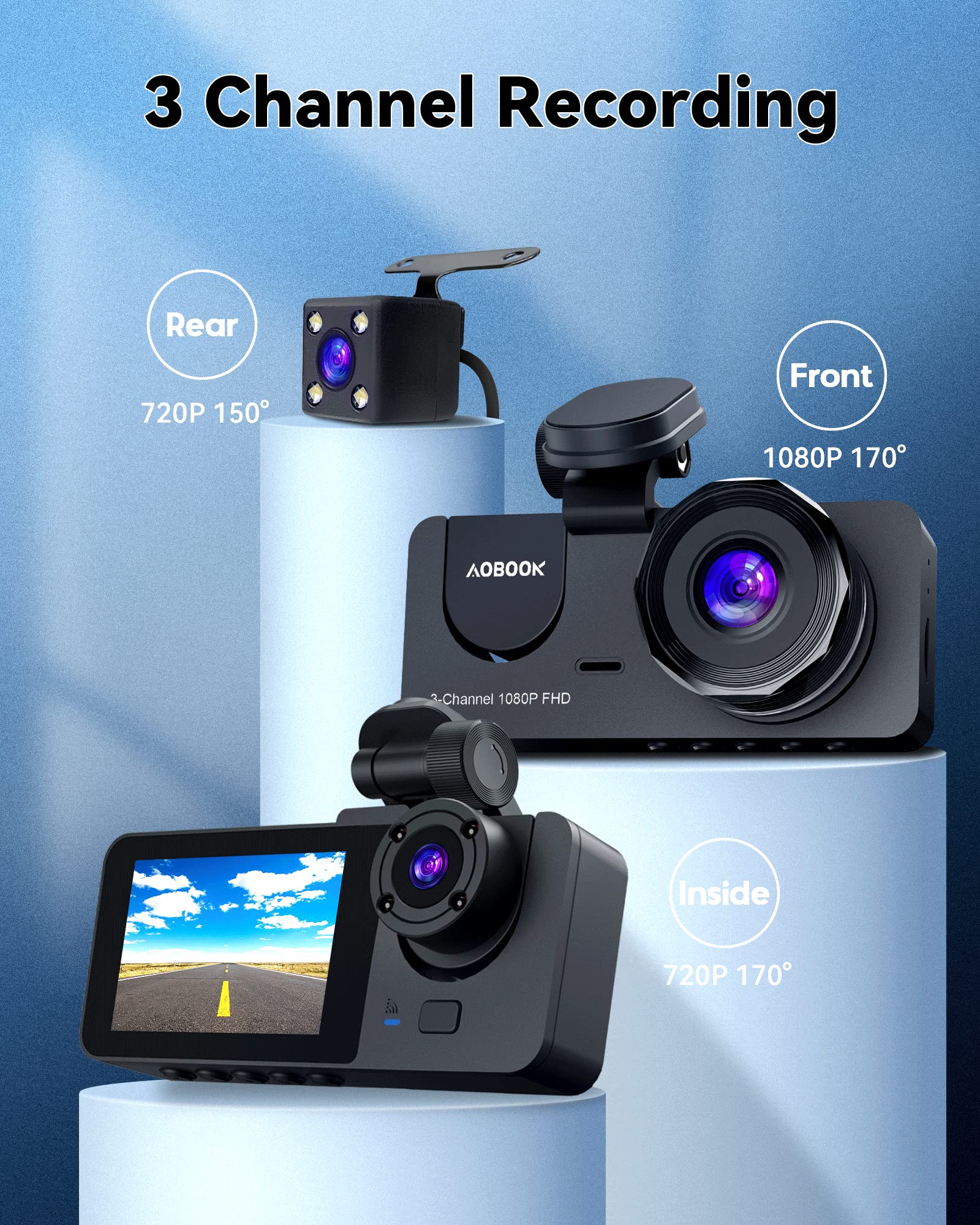 Dash Cam Front and Rear Inside, 3 Channel Dash Camera 1080P Full HD with 32GB SD Card, Car Camera with 2.0ββ IPS Screen, Night Vision, WDR, G-Sensor, Loop Recording, Parking Mode, Motion Detection