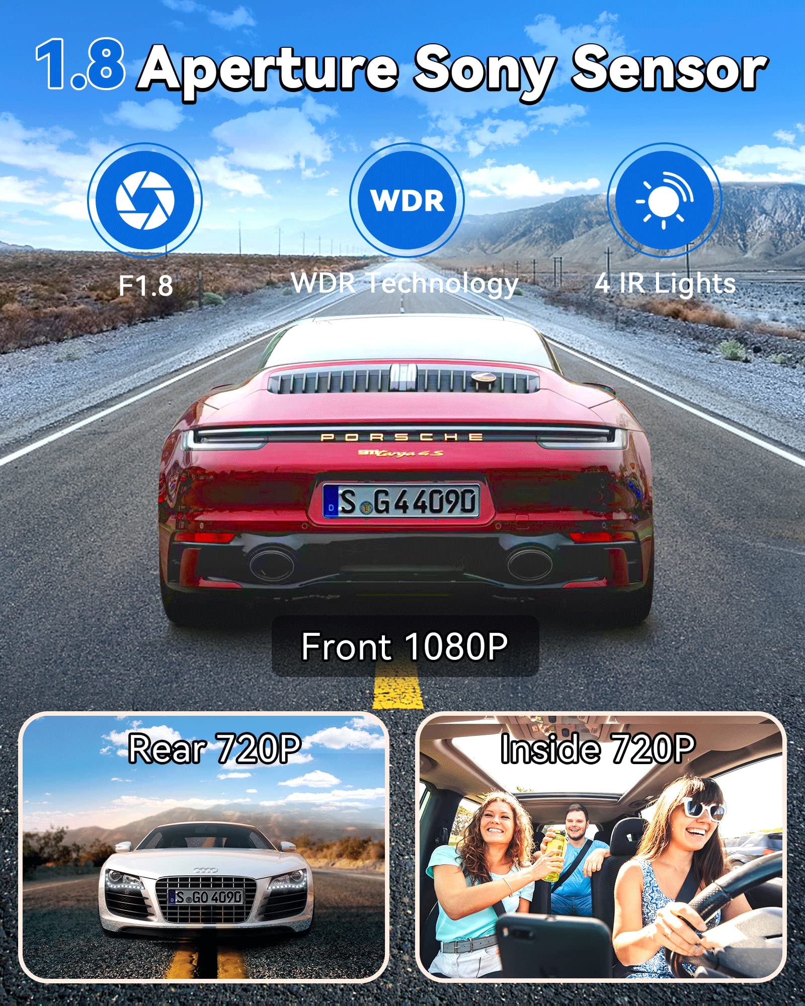 Dash Cam Front and Rear Inside, 3 Channel Dash Camera 1080P Full HD with 32GB SD Card, Car Camera with 2.0ββ IPS Screen, Night Vision, WDR, G-Sensor, Loop Recording, Parking Mode, Motion Detection