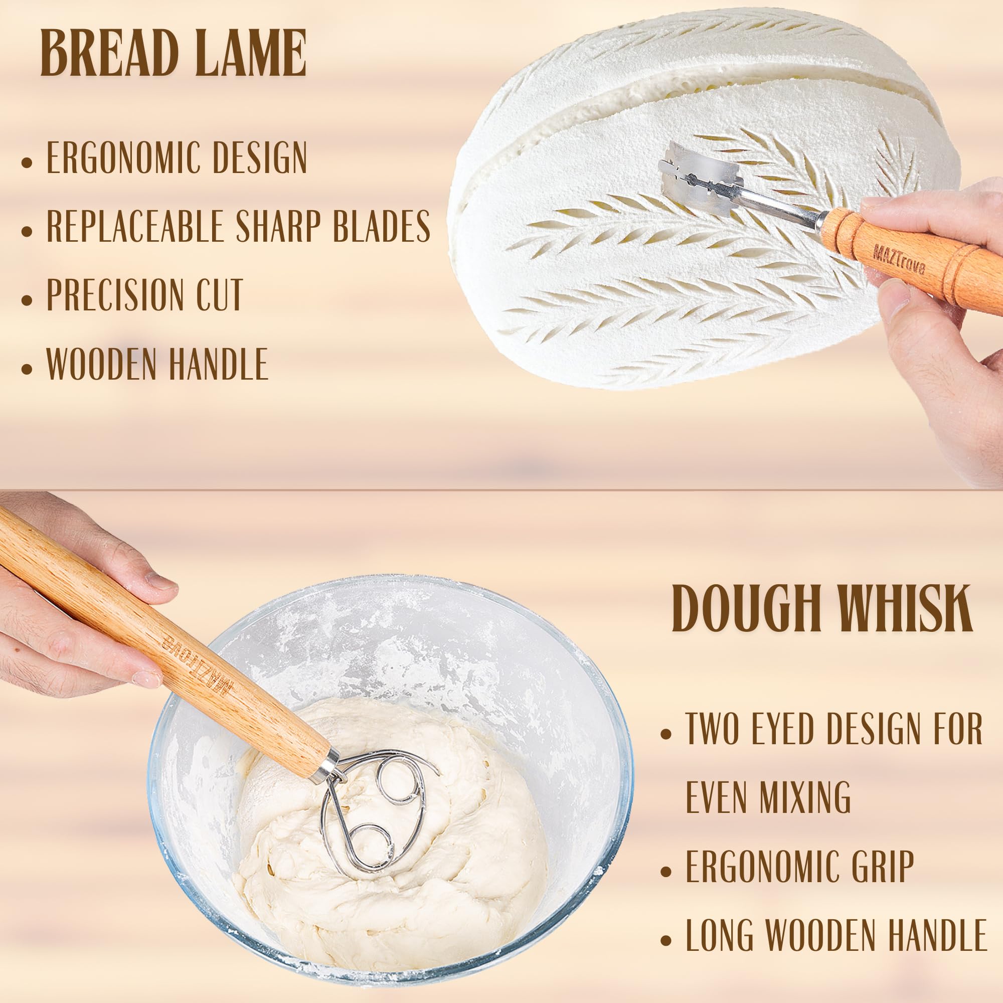 Banneton Bread Proofing Basket Gift Set of 2 - Proofing Baskets 10" Oval & 9" Round Rattan Sourdough Bread Baking Supplies with Bread Lame, Dough Scrapers, Liners, Dough Whisk, Bread Bag &16 Stencils