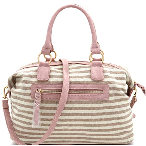 Boho Tassel Leaf Charm Aztec & Stripe Embroidered Canvas Satchel Tote Handbag Purse (Embroidered Satchel - Beige/Blush)