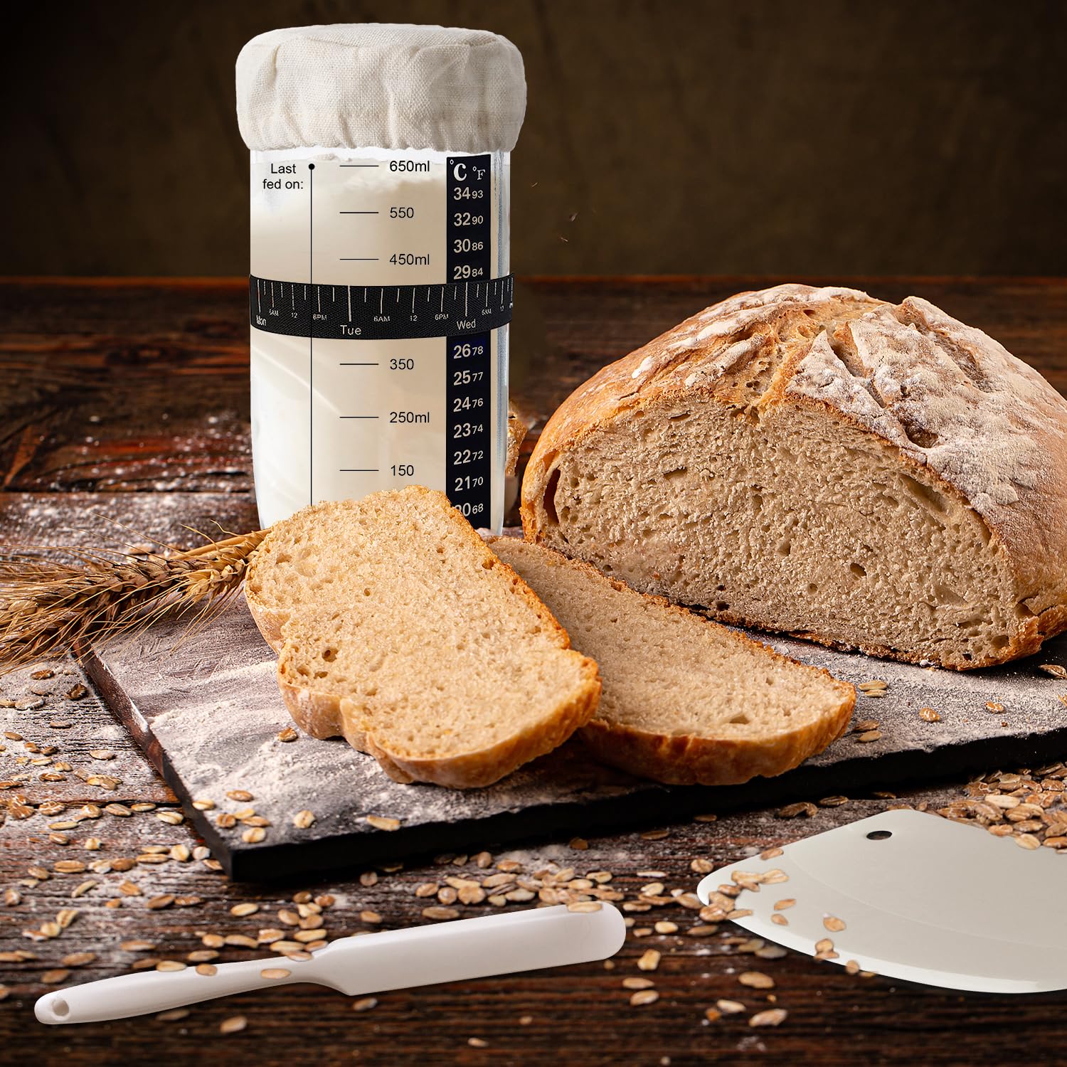 Jodhu Sourdough Starter Jar Kit 24oz with Spatula & Dough Scraper Wide mouth Aluminium lid thermometer Dated Rubber feeding band Sewn cloth cover for baking Sourdough culture bread yeast