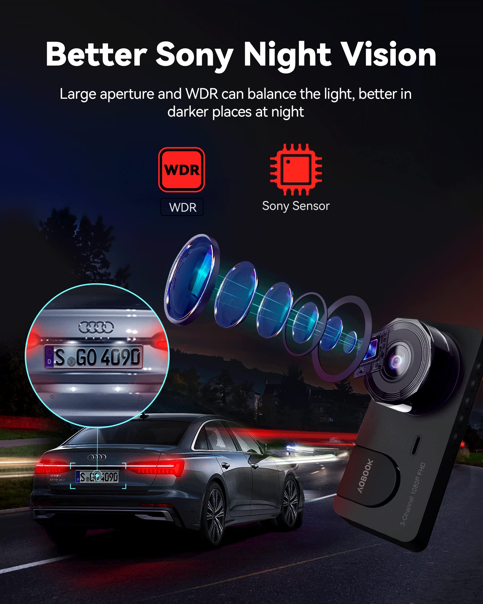 Dash Cam Front and Rear Inside, 3 Channel Dash Camera 1080P Full HD with 32GB SD Card, Car Camera with 2.0ββ IPS Screen, Night Vision, WDR, G-Sensor, Loop Recording, Parking Mode, Motion Detection