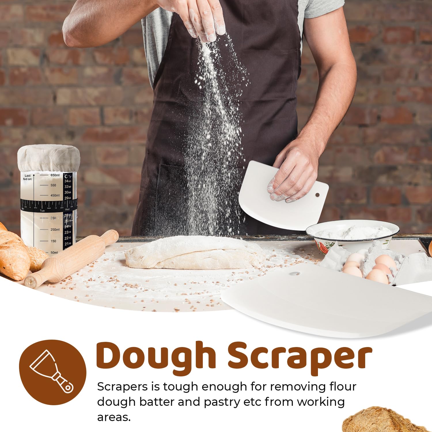 Jodhu Sourdough Starter Jar Kit 24oz with Spatula & Dough Scraper Wide mouth Aluminium lid thermometer Dated Rubber feeding band Sewn cloth cover for baking Sourdough culture bread yeast