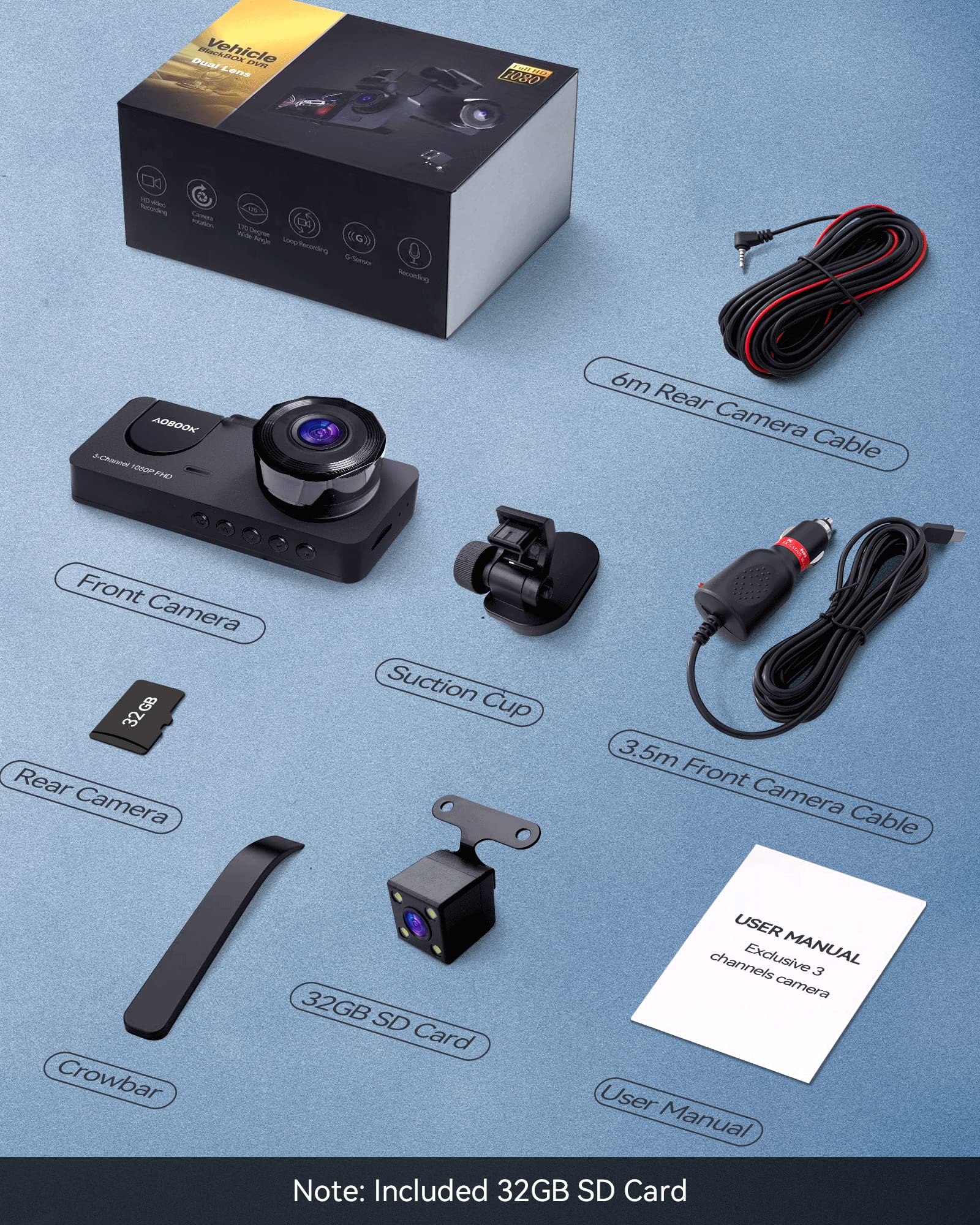 Dash Cam Front and Rear Inside, 3 Channel Dash Camera 1080P Full HD with 32GB SD Card, Car Camera with 2.0ββ IPS Screen, Night Vision, WDR, G-Sensor, Loop Recording, Parking Mode, Motion Detection