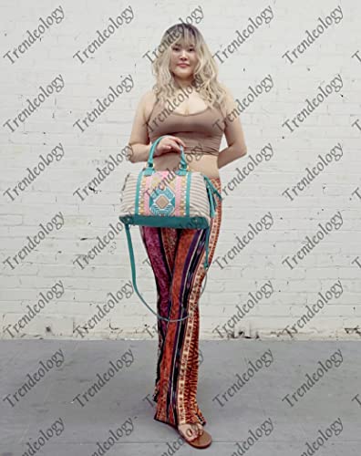 Boho Tassel Leaf Charm Aztec & Stripe Embroidered Canvas Satchel Tote Handbag Purse (Embroidered Satchel - Beige/Blush)