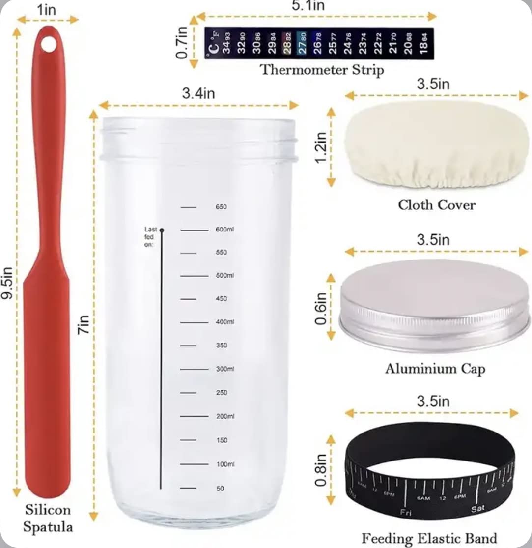 Sourdough Starter Jar, Home Brewing Kit with Thermometer, Spatula, Cloth Cover and Metal Cap, 24 oz Container, Reusable and Long Lasting