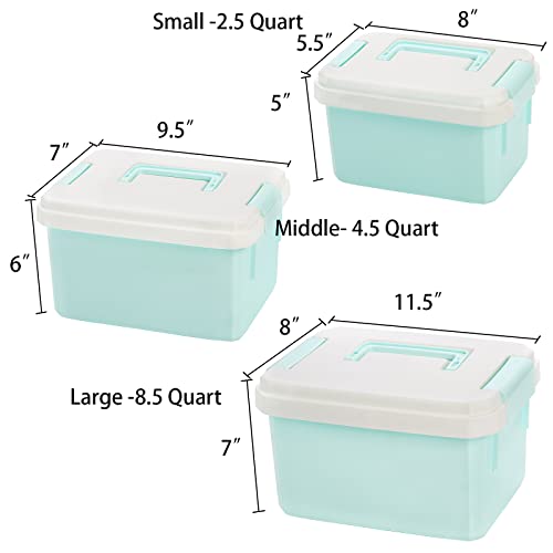 Jucoan 3 Pack Plastic Storage Latch Bin with Lid, 2.5/4.5/8.5 Quart Stackable Plastic Storage Bin Tote Organizing Container with Latches and Folding Handle for Toys, Snacks, Stationary