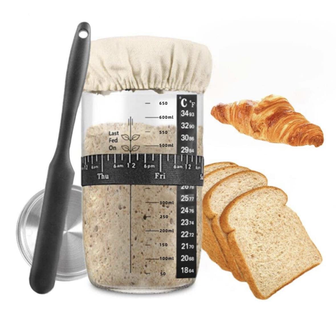 Sourdough Starter Jar, Home Brewing Kit with Thermometer, Spatula, Cloth Cover and Metal Cap, 24 oz Container, Reusable and Long Lasting