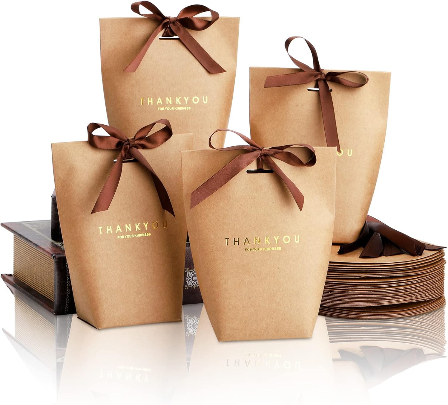 Frcctre 40 Pack Thank You Gift Bags with Ribbons, 3.1"X2.3"X 6.5" Kraft Paper Gift Wrap Boxes Party Favor Treat Bags Goody Bags Candy Cookie Bags for Wedding Bridal Shower Birthday Party