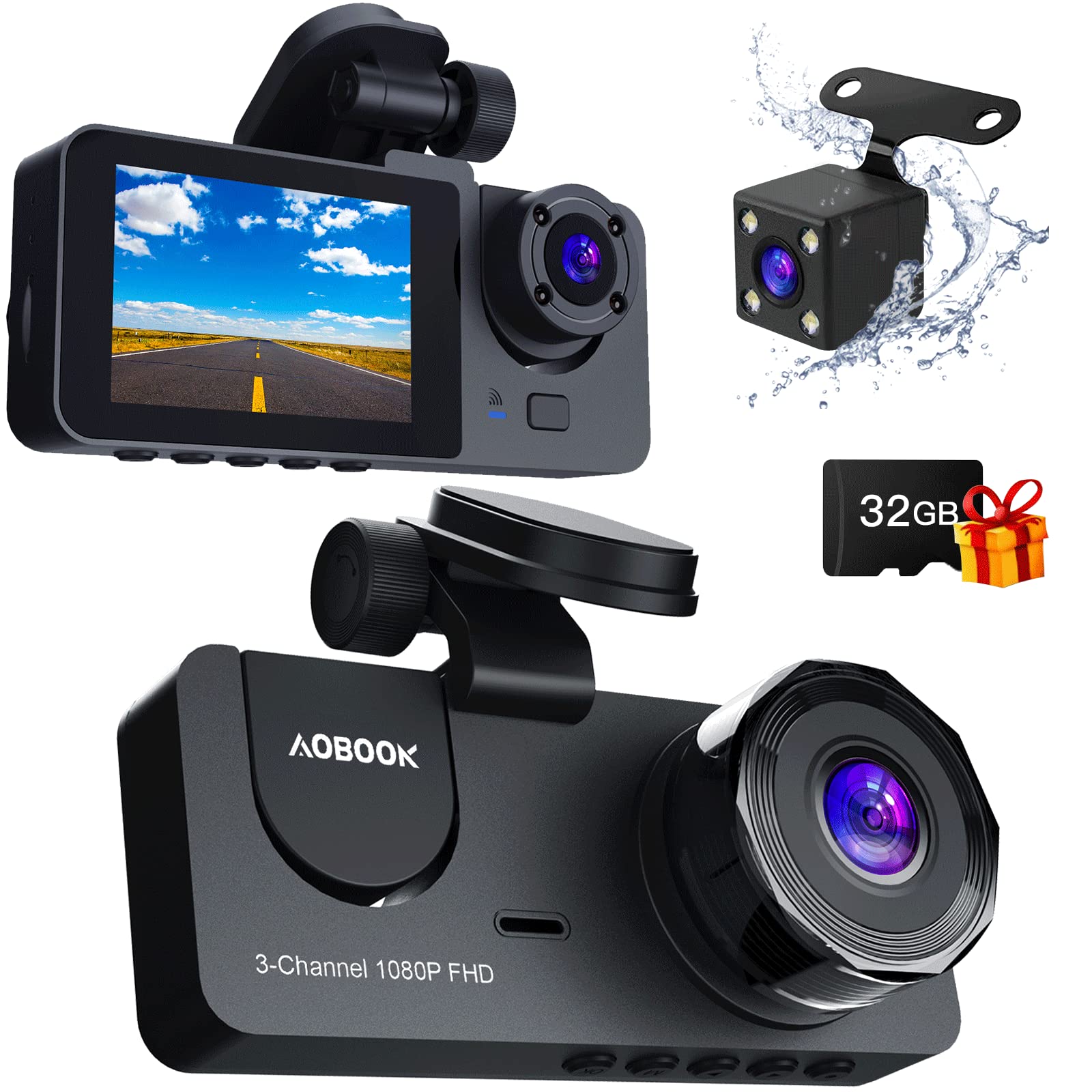 Dash Cam Front and Rear Inside, 3 Channel Dash Camera 1080P Full HD with 32GB SD Card, Car Camera with 2.0’’ IPS Screen, Night Vision, WDR, G-Sensor, Loop Recording, Parking Mode, Motion Detection