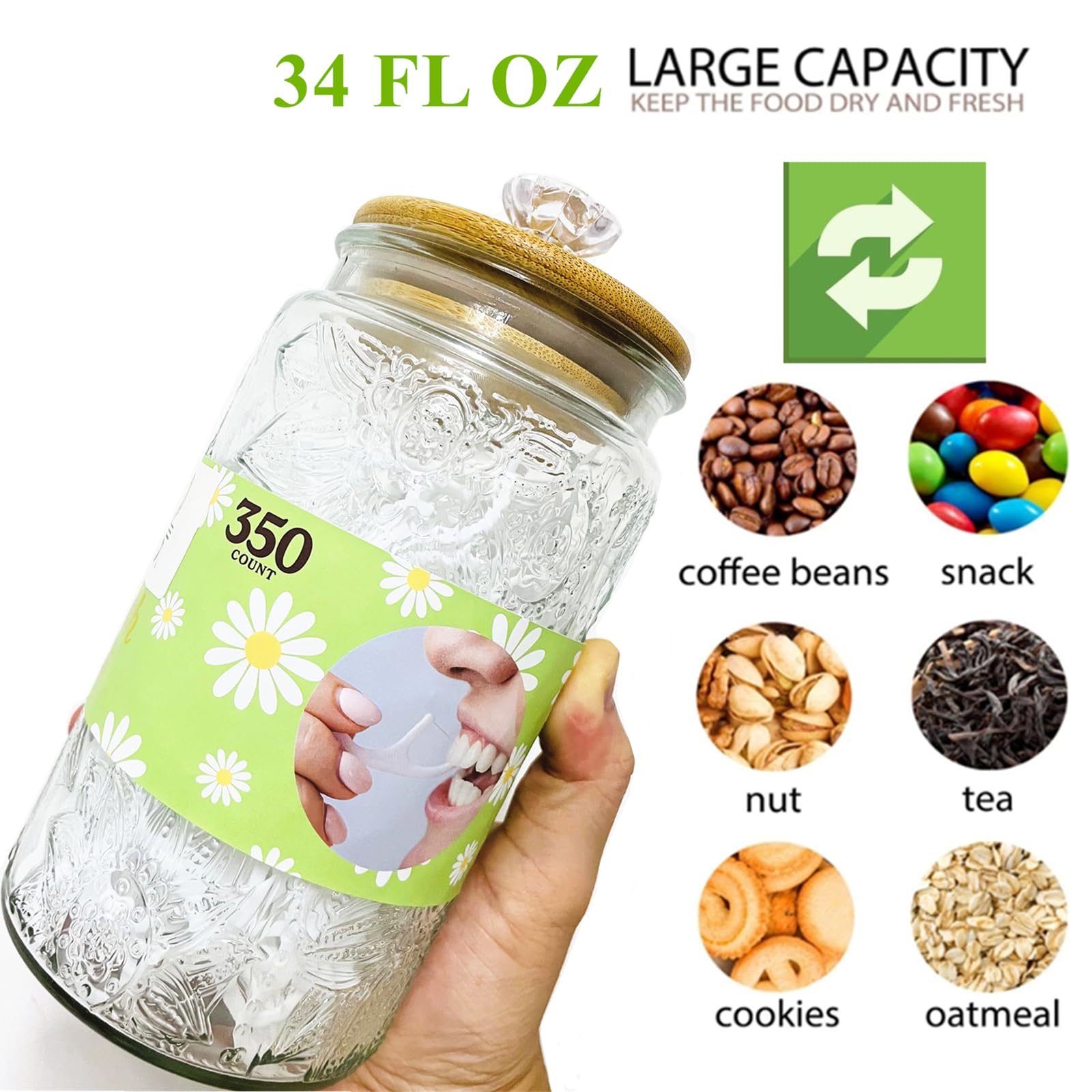 H2SON Glass Containers with Lids, 34 FL OZ Food Canisters Storage Jars with 350 Count Floss Picks, Sourdough Starter Jar for Kitchen Counter, Using Pet Treat Pantry, Coffee, Tea, Sugar (Sunflower)