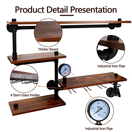 Rocomoco Industrial Pipe Shelving Wine Rack Wall Mounted with 4 Stem Glass Holder 39 Inch Bar Shelf Rustic Metal Floating Wall Bar Shelf 4-Tiers Hanging Liquor Wood Shelves Glass Rack for Kitchen