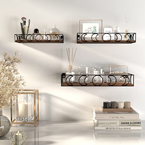 PHAREGE Moon Phase Floating Shelves Wall Mounted Set of 3, Small Book Shelf for Wall Decor Storage, Rustic Wall Shelves for Bedroom Bathroom Living Room