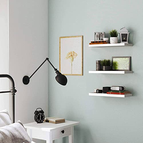 Set of 3 Floating Shelves,Wall Mounted Floating Storage Shelves,White Finish Wall Mount Shelf Sets, Wood Wall Shelves for Decor and Display,Be Used for Kitchen, Bathroom,Living Room, Bedroom and More.