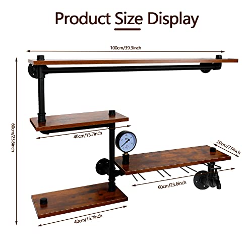 Rocomoco Industrial Pipe Shelving Wine Rack Wall Mounted with 4 Stem Glass Holder 39 Inch Bar Shelf Rustic Metal Floating Wall Bar Shelf 4-Tiers Hanging Liquor Wood Shelves Glass Rack for Kitchen