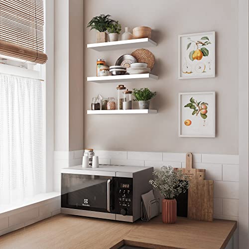 Set of 3 Floating Shelves,Wall Mounted Floating Storage Shelves,White Finish Wall Mount Shelf Sets, Wood Wall Shelves for Decor and Display,Be Used for Kitchen, Bathroom,Living Room, Bedroom and More.