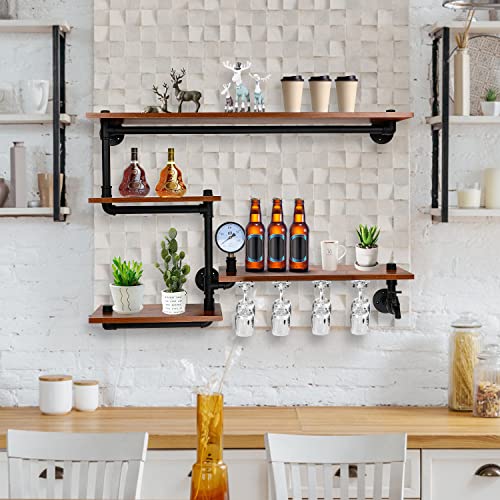 Rocomoco Industrial Pipe Shelving Wine Rack Wall Mounted with 4 Stem Glass Holder 39 Inch Bar Shelf Rustic Metal Floating Wall Bar Shelf 4-Tiers Hanging Liquor Wood Shelves Glass Rack for Kitchen