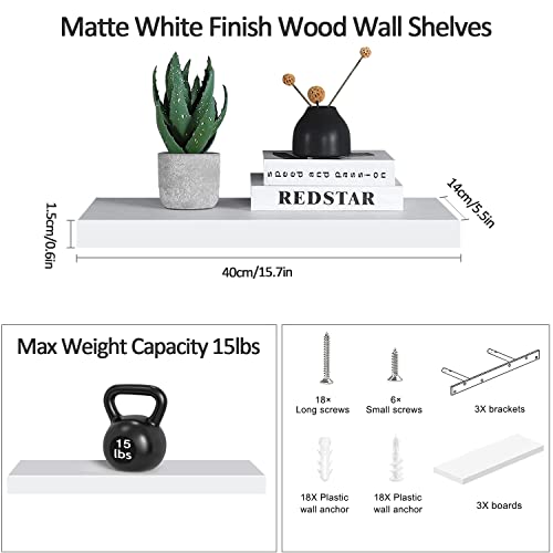 Set of 3 Floating Shelves,Wall Mounted Floating Storage Shelves,White Finish Wall Mount Shelf Sets, Wood Wall Shelves for Decor and Display,Be Used for Kitchen, Bathroom,Living Room, Bedroom and More.