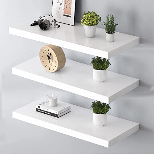 Set of 3 Floating Shelves,Wall Mounted Floating Storage Shelves,White Finish Wall Mount Shelf Sets, Wood Wall Shelves for Decor and Display,Be Used for Kitchen, Bathroom,Living Room, Bedroom and More.