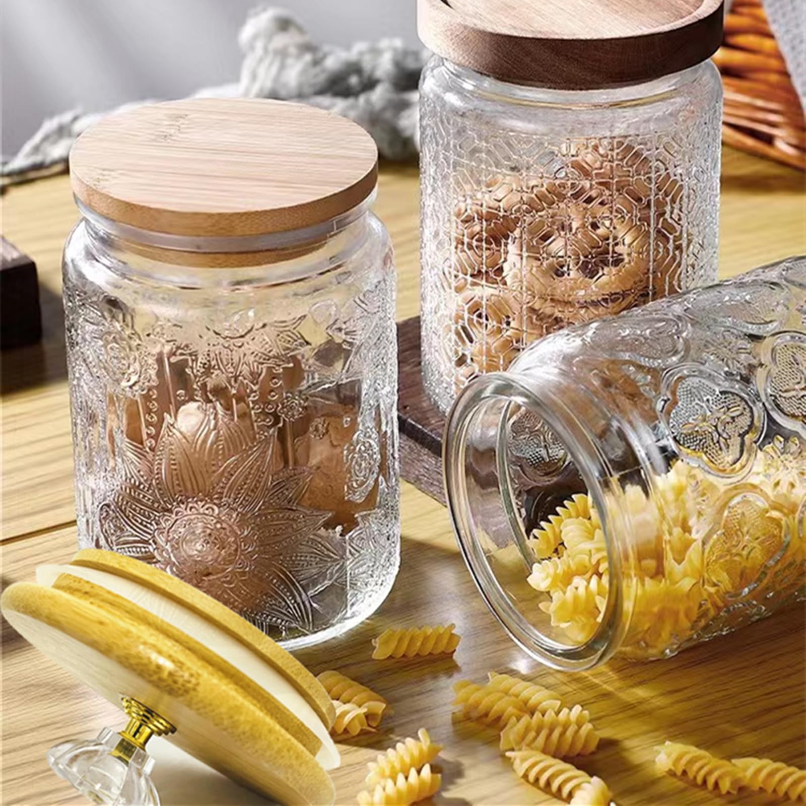 H2SON Glass Containers with Lids, 34 FL OZ Food Canisters Storage Jars with 350 Count Floss Picks, Sourdough Starter Jar for Kitchen Counter, Using Pet Treat Pantry, Coffee, Tea, Sugar (Sunflower)