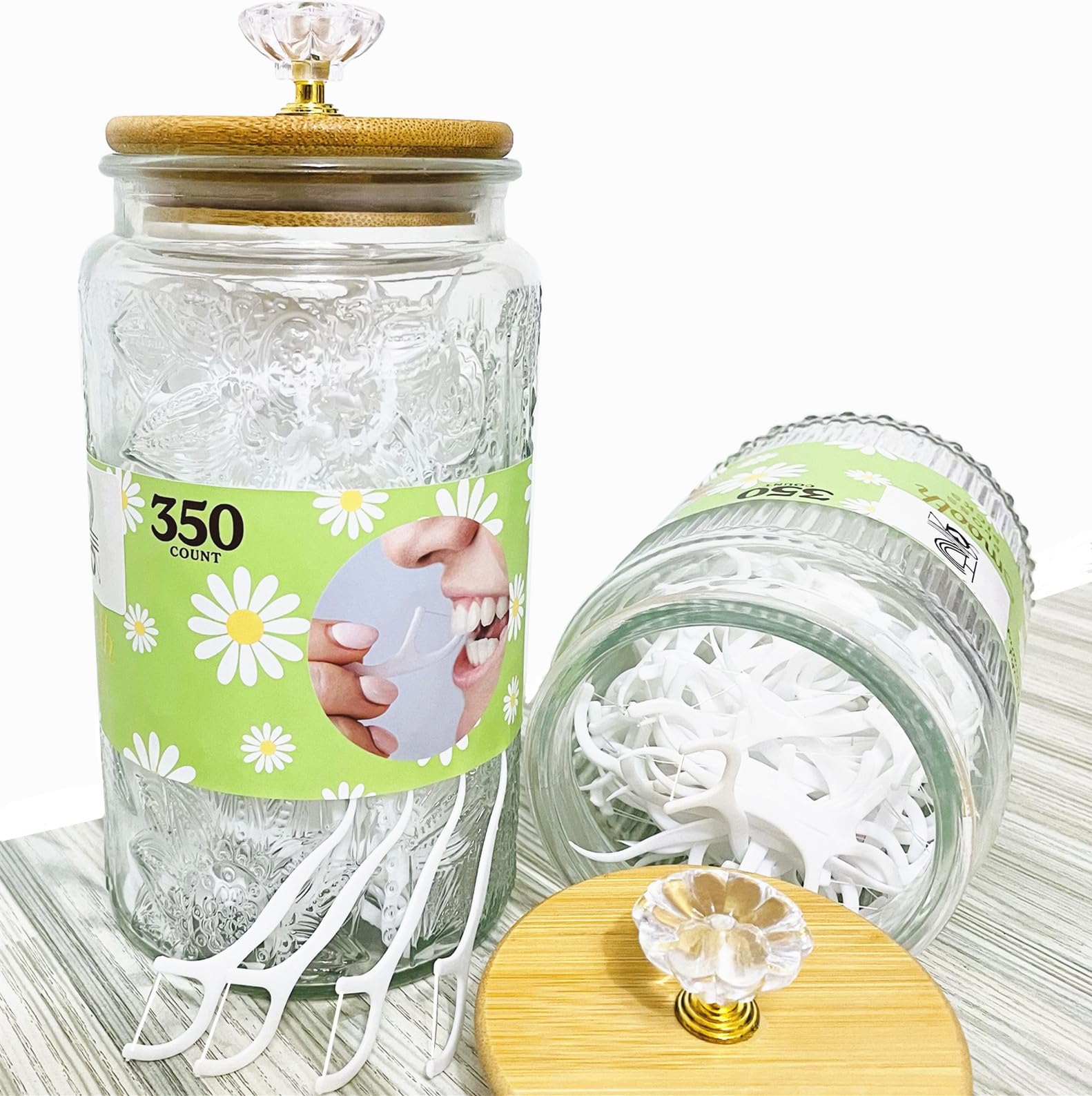 H2SON Glass Containers with Lids, 34 FL OZ Food Canisters Storage Jars with 350 Count Floss Picks, Sourdough Starter Jar for Kitchen Counter, Using Pet Treat Pantry, Coffee, Tea, Sugar (Sunflower)