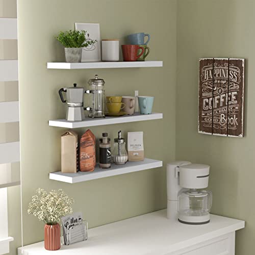 Set of 3 Floating Shelves,Wall Mounted Floating Storage Shelves,White Finish Wall Mount Shelf Sets, Wood Wall Shelves for Decor and Display,Be Used for Kitchen, Bathroom,Living Room, Bedroom and More.