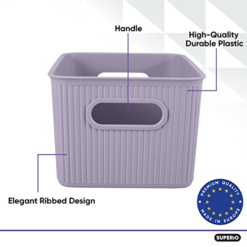 Superio Decorative Plastic Open Home Storage Bins Organizer Baskets, Medium Lilac Purple (6 Pack) Container Boxes for Organizing Closet Shelves Drawer Shelf - Ribbed Collection 5 Liter