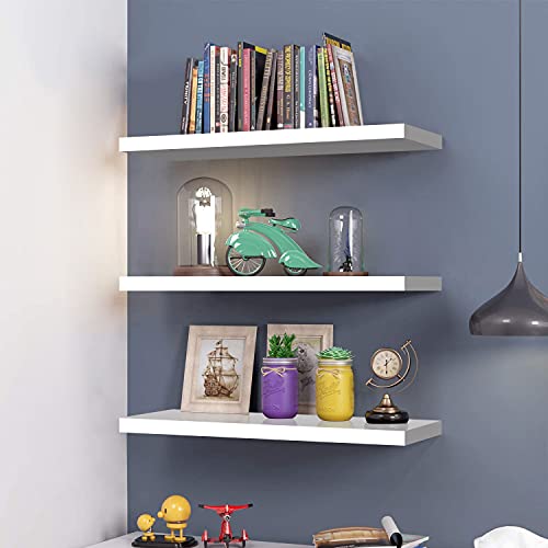 Set of 3 Floating Shelves,Wall Mounted Floating Storage Shelves,White Finish Wall Mount Shelf Sets, Wood Wall Shelves for Decor and Display,Be Used for Kitchen, Bathroom,Living Room, Bedroom and More.