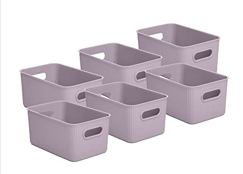 Superio Decorative Plastic Open Home Storage Bins Organizer Baskets, Medium Lilac Purple (6 Pack) Container Boxes for Organizing Closet Shelves Drawer Shelf - Ribbed Collection 5 Liter